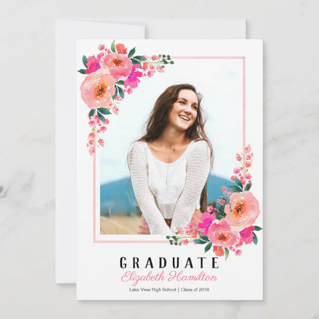 Pink Floral Frame Graduation Announcement Photo | Zazzle