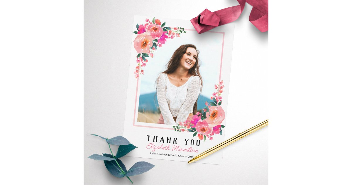 Pink Floral Frame Graduation Photo Thank You | Zazzle