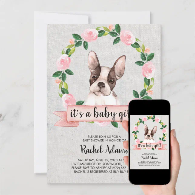 Pink Floral French Bull Dog Baby Shower Invitation | Zazzle