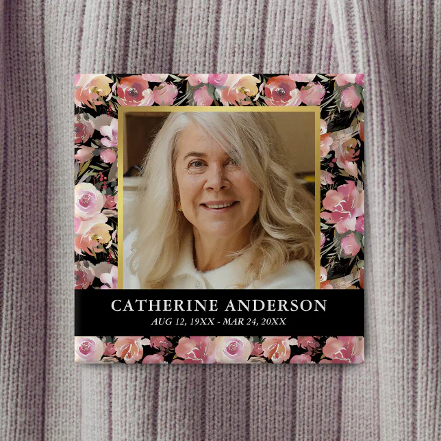 Pink Floral Funeral Memorial Photo Button | Zazzle