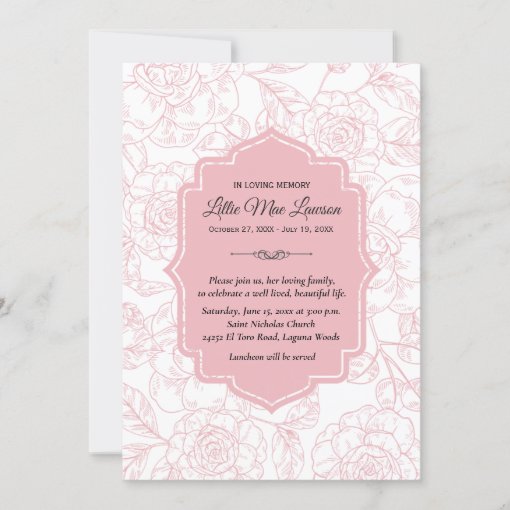 Pink Floral Funeral Memorial Remembrance Invites | Zazzle