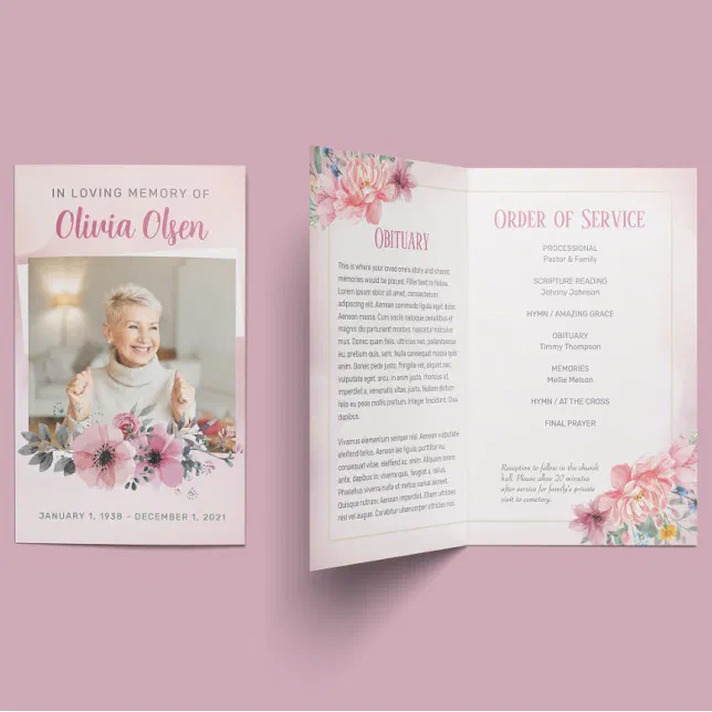Pink Floral Funeral Pamphlet Order of Service Flyer | Zazzle