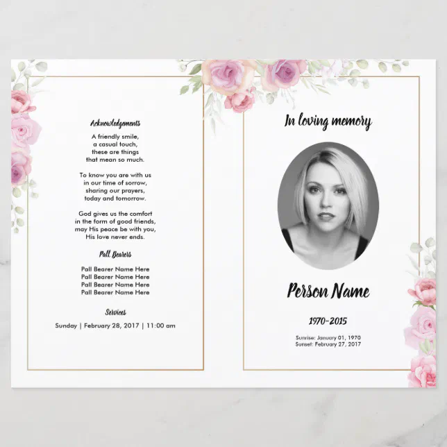 pink Floral Funeral Program Template | Zazzle