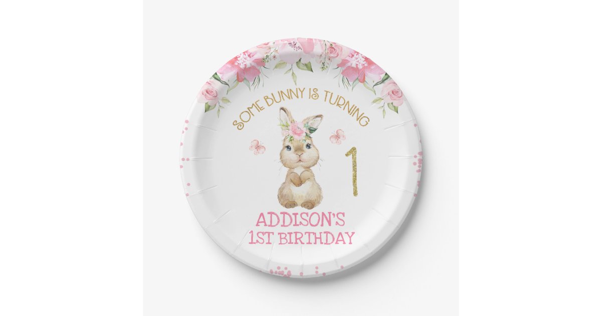 Pink Floral Furry Bunny Gold One First Birthday Paper Plates | Zazzle