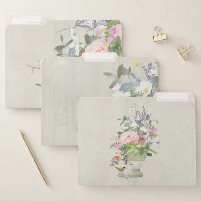 Pink Floral Garden Bird Elegant Vintage Grey Wood File Folder | Zazzle