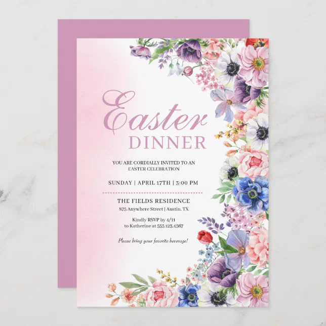 Pink Floral Garden Spring Easter Dinner Invitation | Zazzle