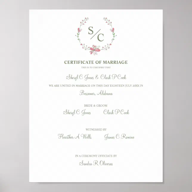 Pink Floral Garland Symbolyc Wedding Certificate Poster | Zazzle