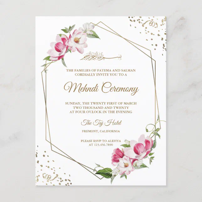 Pink Floral Geometric Gold Frame Islamic Mehndi Enclosure Card | Zazzle