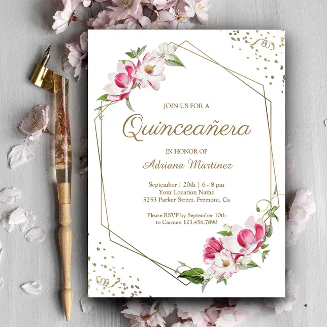 Pink Floral Geometric Gold Frame Quinceanera Invitation | Zazzle