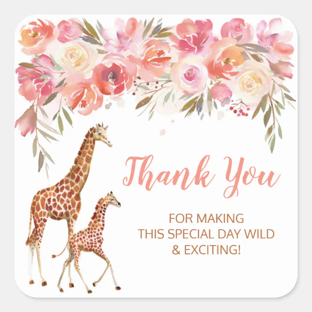 Pink Floral Giraffe Thank You Stickers | Zazzle