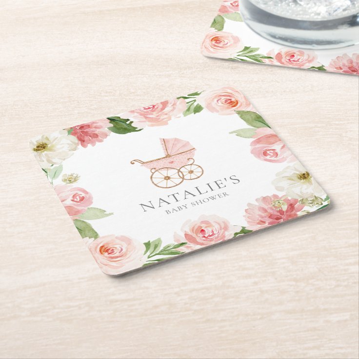 Pink Floral Girl Baby Shower Square Paper Coaster | Zazzle