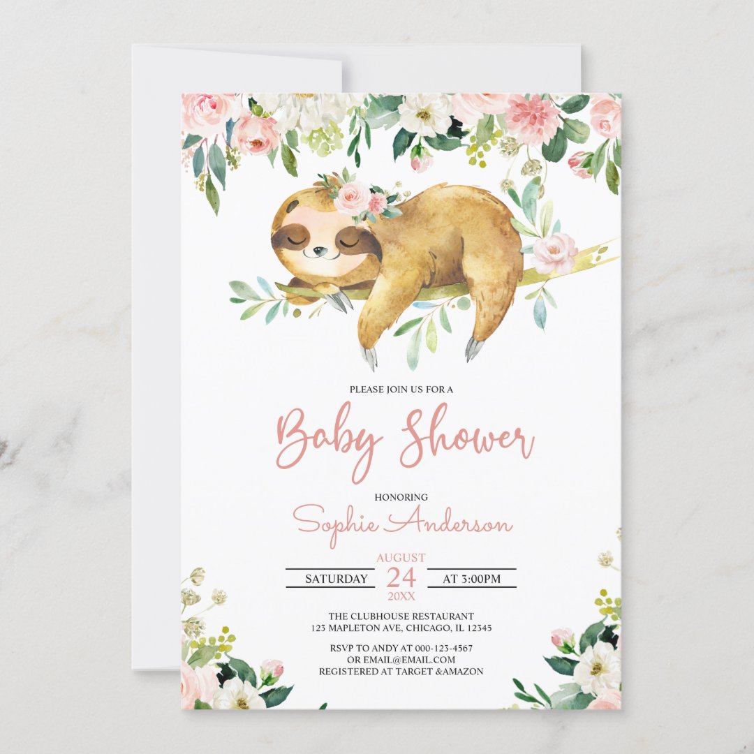Pink Floral Girl Cute Sloth Baby Shower Invitation | Zazzle