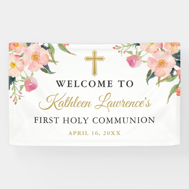 Pink Floral Girl First Holy Communion Banner | Zazzle
