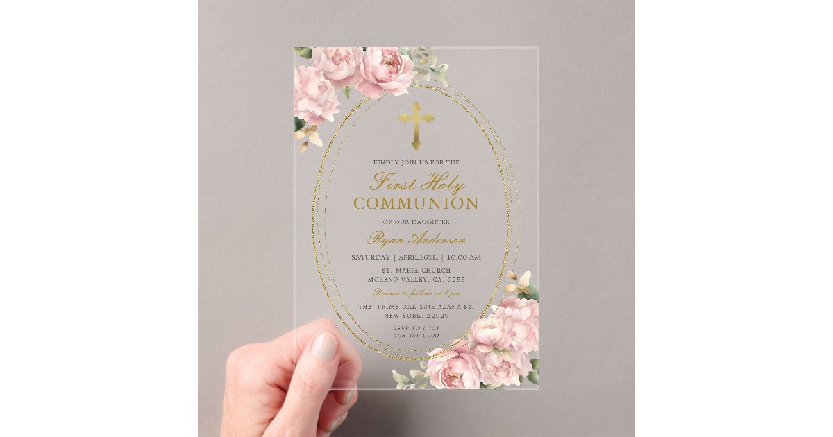 Pink Floral Girl First Holy Communion Gold Cross Acrylic Invitations ...