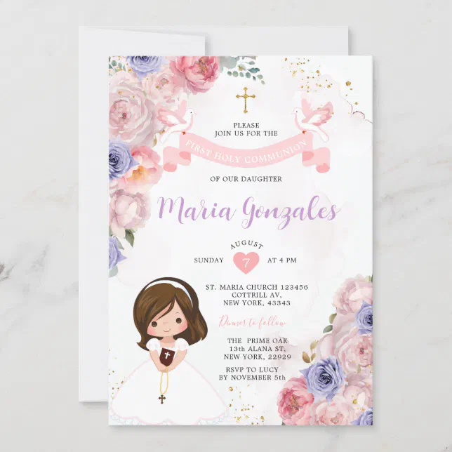 Pink Floral Girl First Holy Communion Gold Cross Invitation | Zazzle