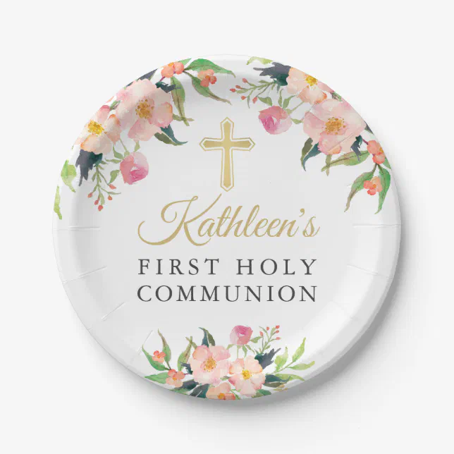 Pink Floral Girl First Holy Communion Paper Plates | Zazzle