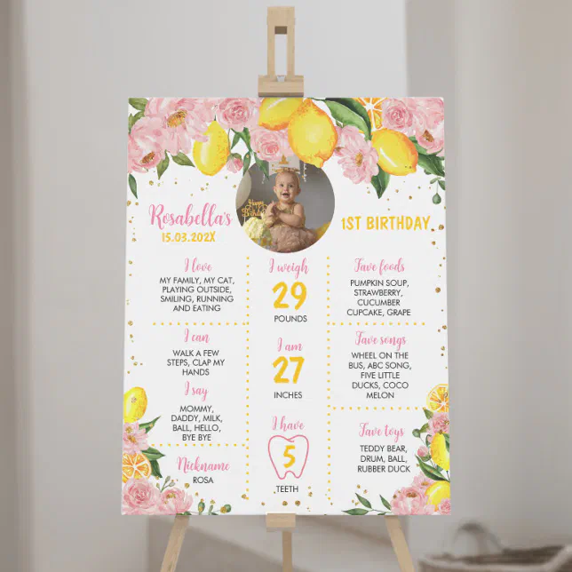 Pink Floral Girl Lemon 1st Birthday Milestone Poster | Zazzle