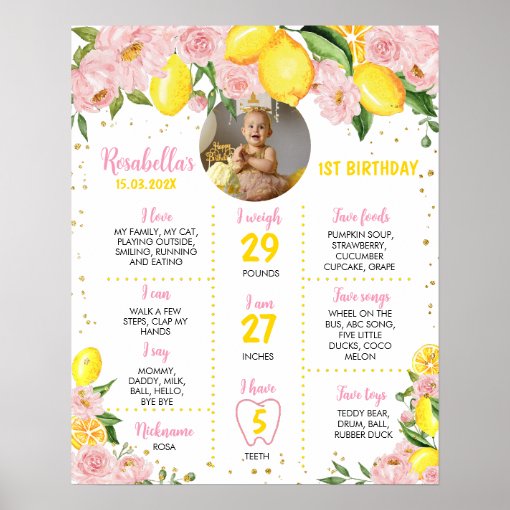 Pink Floral Girl Lemon 1st Birthday Milestone Poster | Zazzle