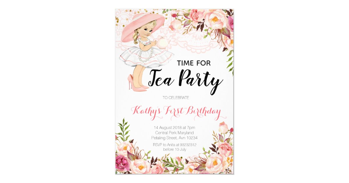 Pink Floral Girl Tea Birthday Party Invitation | Zazzle.com