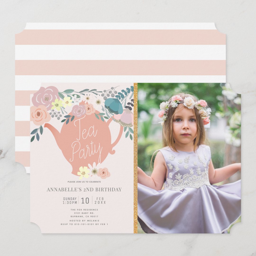 Pink Floral Girl Tea Party Photo Birthday Invitation | Zazzle