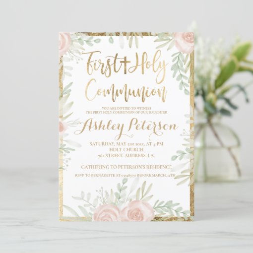 Pink floral gold border First Holy Communion Invitation | Zazzle
