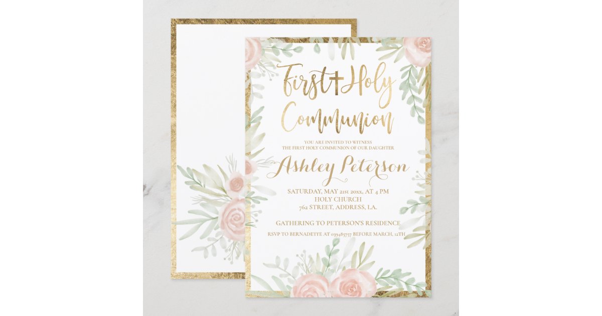 Pink floral gold border First Holy Communion Invitation | Zazzle