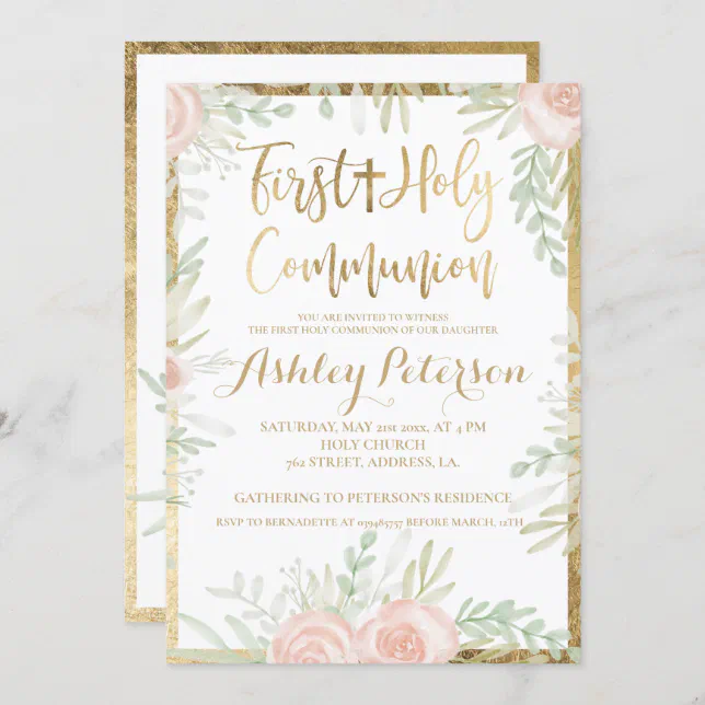 Pink floral gold border First Holy Communion Invitation | Zazzle