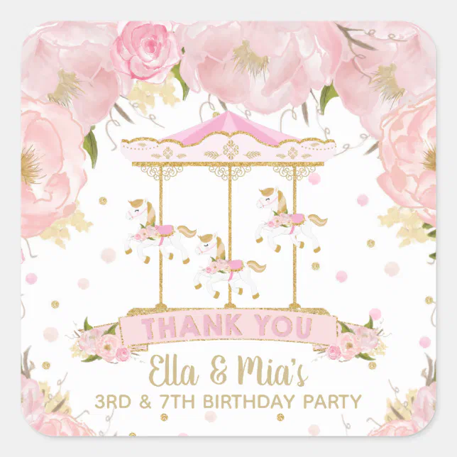 Pink Floral Gold Carousel Merry Go Round Birthday Square Sticker | Zazzle
