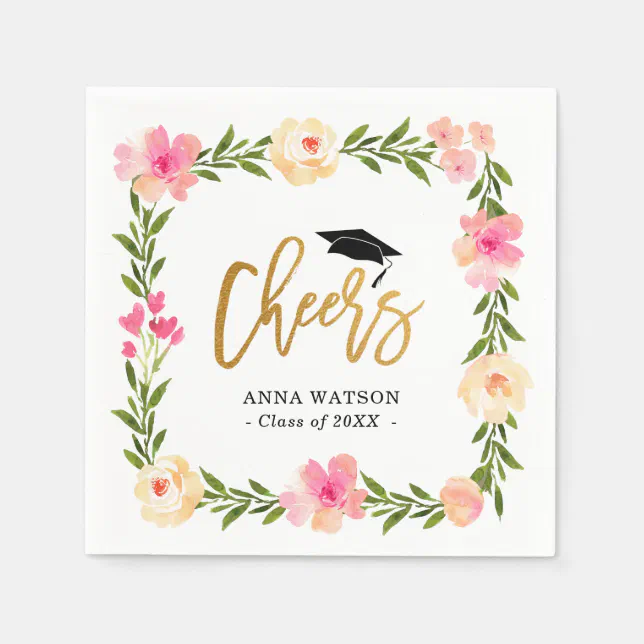 Pink Floral Gold Cheers Custom Graduation Party Napkins | Zazzle