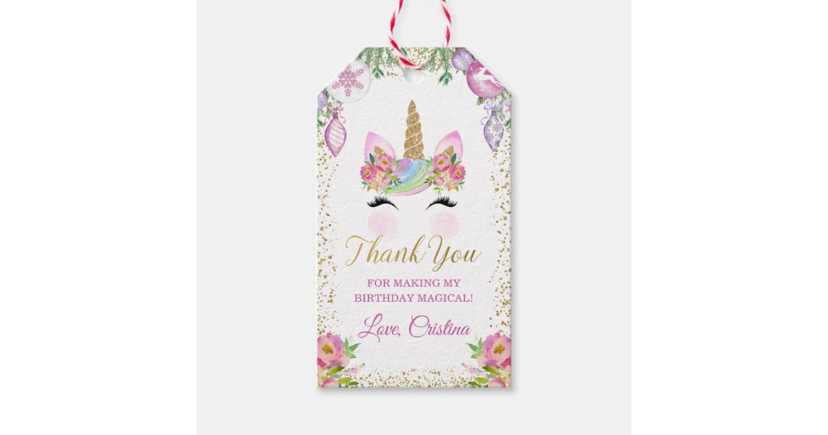 Pink Floral Gold Christmas Unicorn Favor Gift Tags | Zazzle