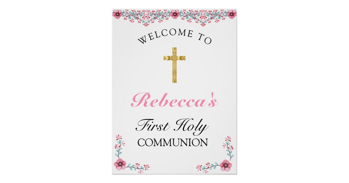 Pink Floral Gold Cross First Communion Welcome Poster | Zazzle