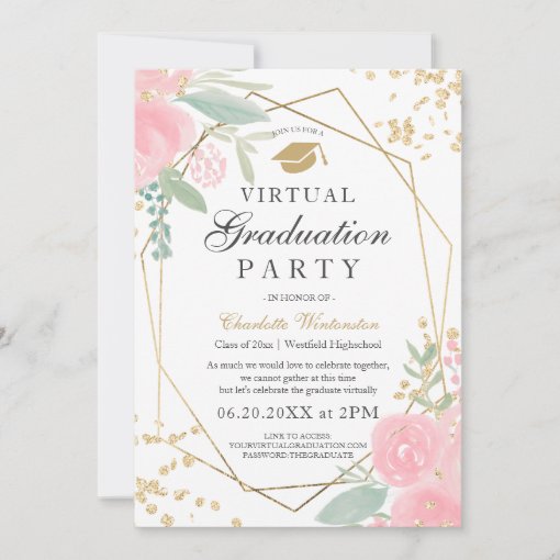 Pink floral gold frame photos virtual Graduation Invitation | Zazzle