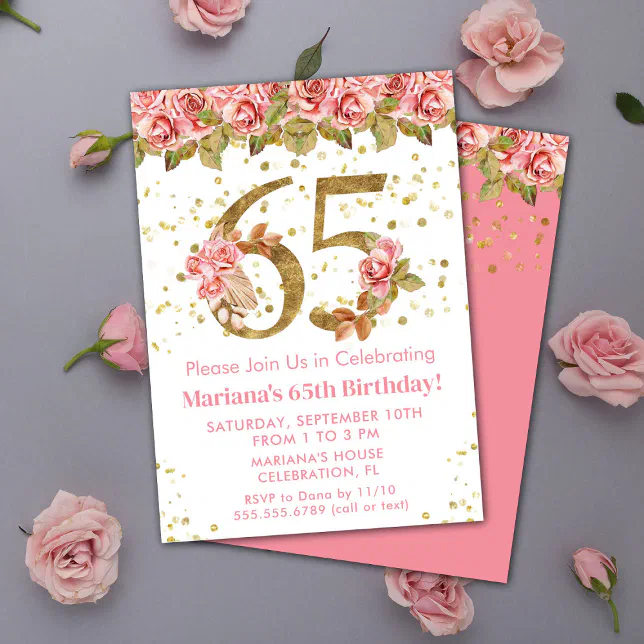 Pink Floral Gold Glitter 65th Birthday Party Invitation | Zazzle