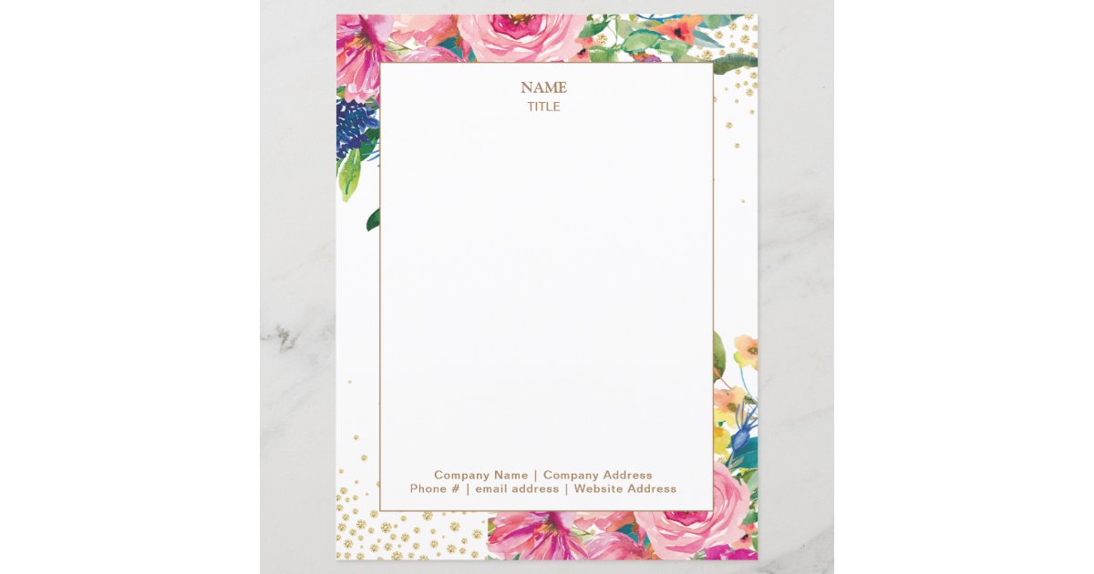 Pink Floral Gold Glitter Letterhead | Zazzle