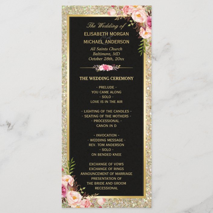 Pink Floral Gold Glitter Sparkling Wedding Program | Zazzle.com