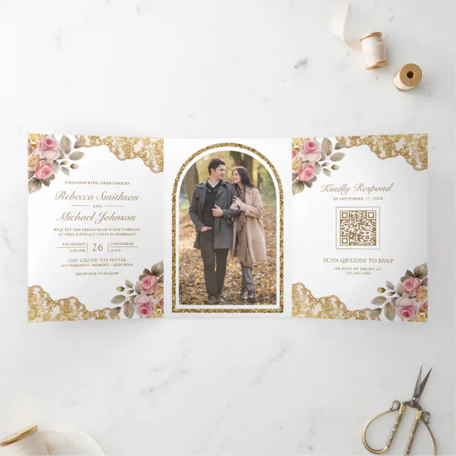 Pink Floral Gold Lace QR Code Photo Wedding Tri-Fold Invitation | Zazzle