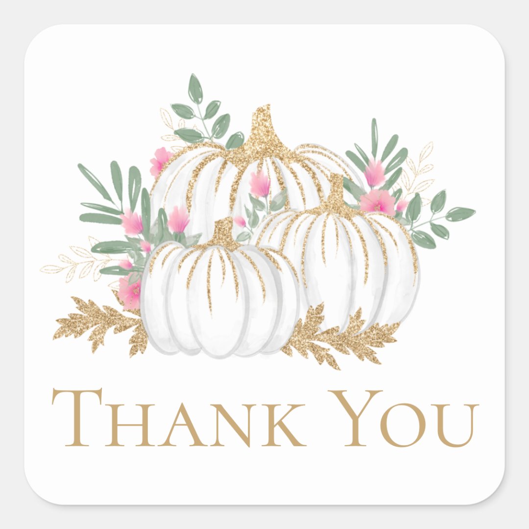 Pink Floral Gold Pumpkins Thanksgiving Thank You Square Sticker | Zazzle
