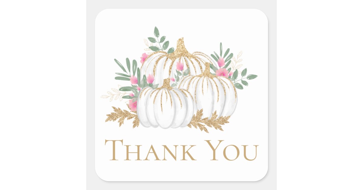 Pink Floral Gold Pumpkins Thanksgiving Thank You Square Sticker | Zazzle