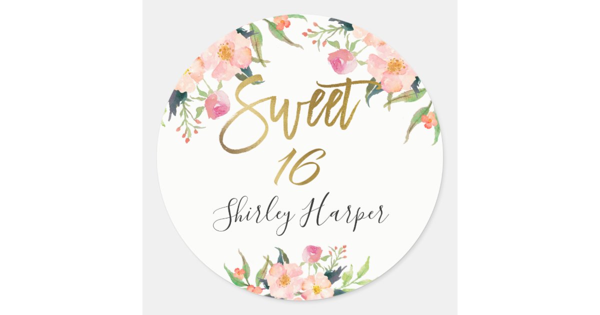 Pink Floral Gold Script Sweet Sixteen 16 Birthday Classic Round Sticker ...