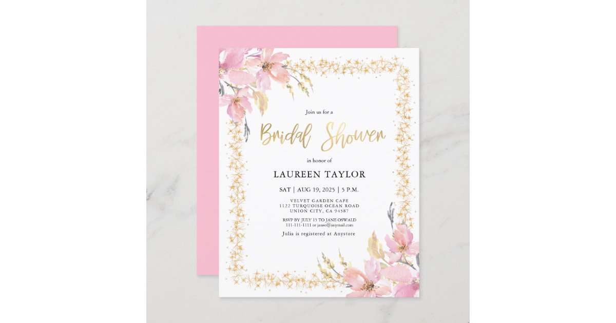 Pink Floral Gold Sparkles Bridal Shower Invitation Zazzle