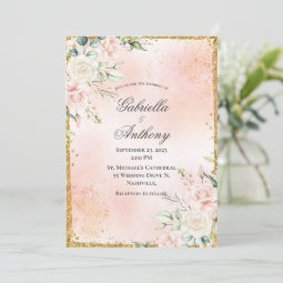 Pink Floral Gold Wedding Invitation | Zazzle