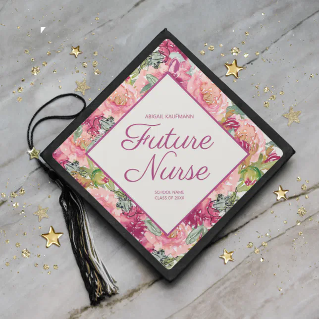 Pink Floral Green Leaves Future Nurse Graduation Graduation Cap Topper ...