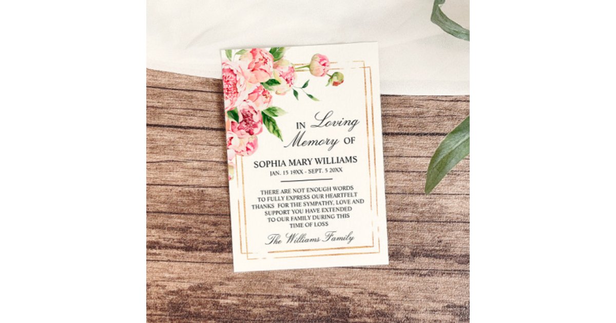 Pink Floral & Green Sympathy Memory Thank You Card | Zazzle