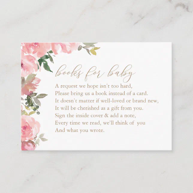 Pink Floral Greenery Books for Baby Book Request Enclosure Card | Zazzle
