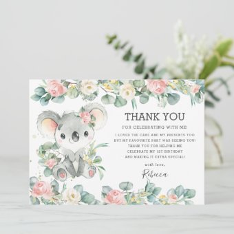 Pink Floral Greenery Cute Koala 1st Birthday Girl Thank You Card | Zazzle