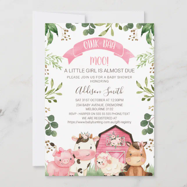 Pink Floral Greenery Farm Barn Baby Shower Invitation | Zazzle