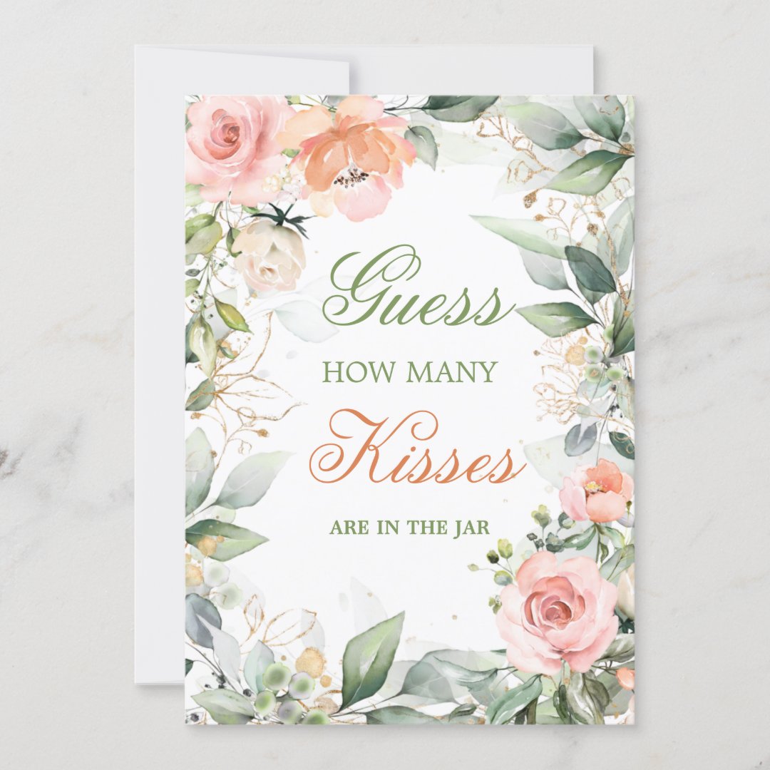 Pink floral, greenery Guess How Many Kisses Game Invitation | Zazzle