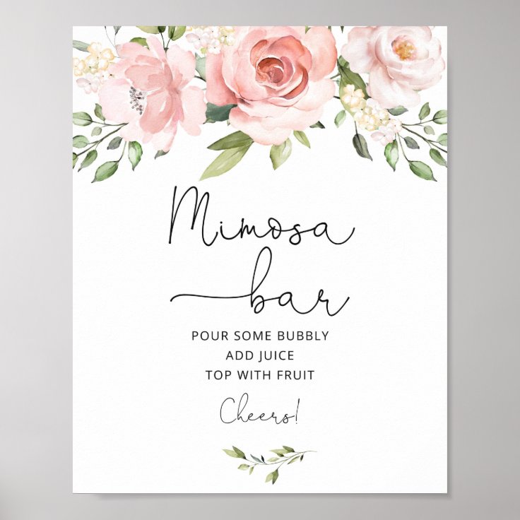 Pink floral greenery Mimosa bar Poster | Zazzle