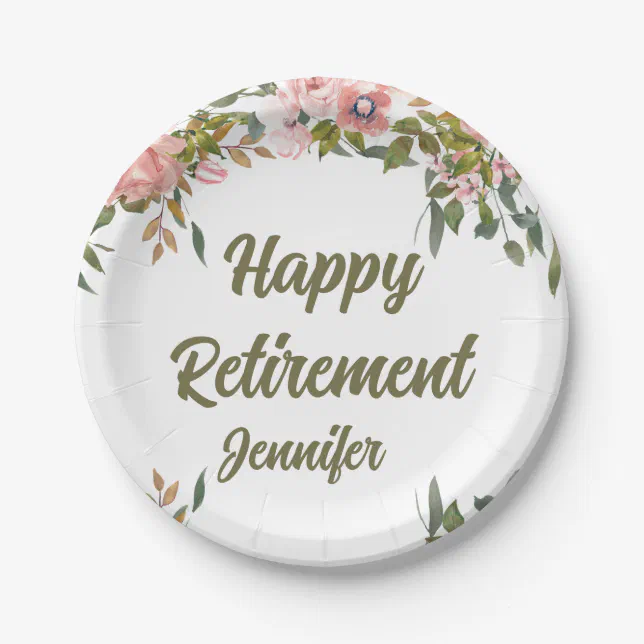 Pink Floral Greenery Rustic Boho Happy Retirement Paper Plates | Zazzle