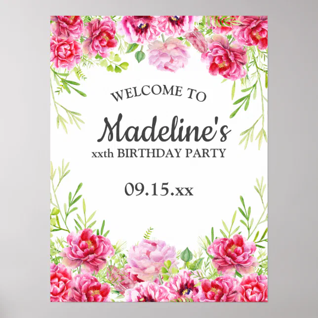 Pink Floral Greenery White Birthday Party Poster | Zazzle